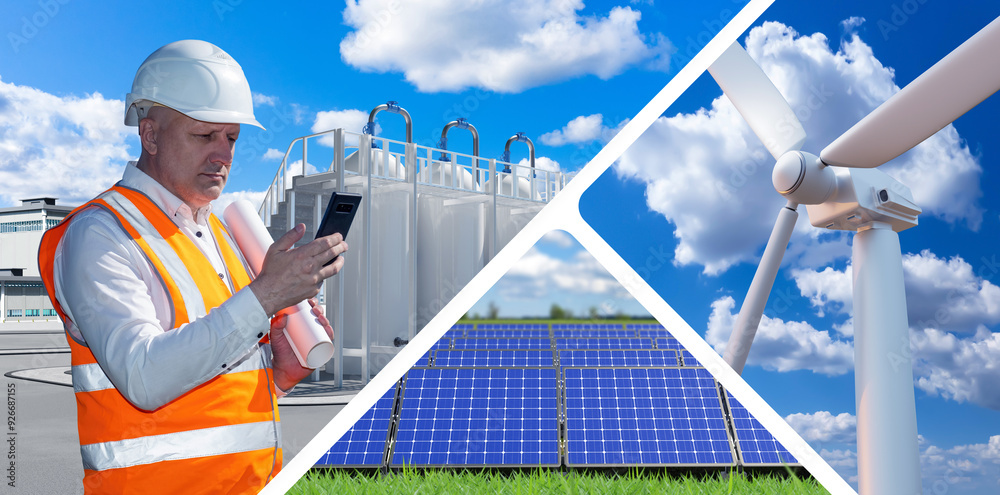 Eco energy. Man engineer. Green energy. Technologist near solar power ...