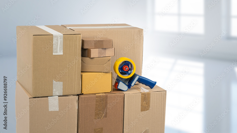 Cardboard boxes. Scotch tape dispenser. Parcels in empty room. Packing ...