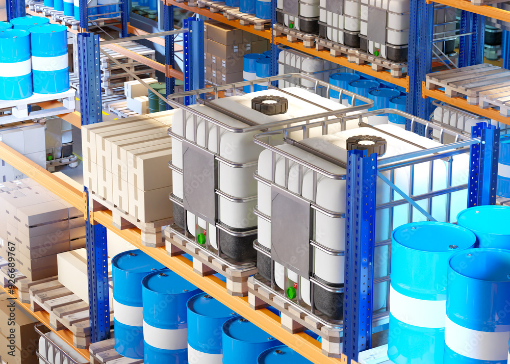 Top warehouse shelves. Barrels fuel in warehouse. Filled storage ...