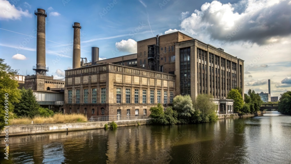An old factory building with tall smokestacks stands beside a calm ...