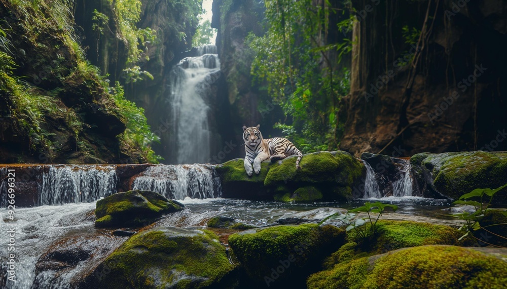 AI generation depicts an white tiger in the forest amidst nature ...