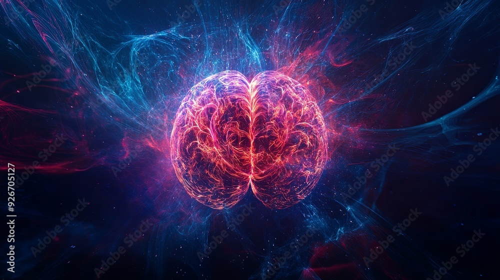 A vibrant graphic of a human brain with intertwining sound waves ...