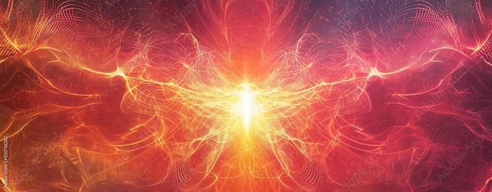 An abstract pattern of sound waves transforming into energy beams ...