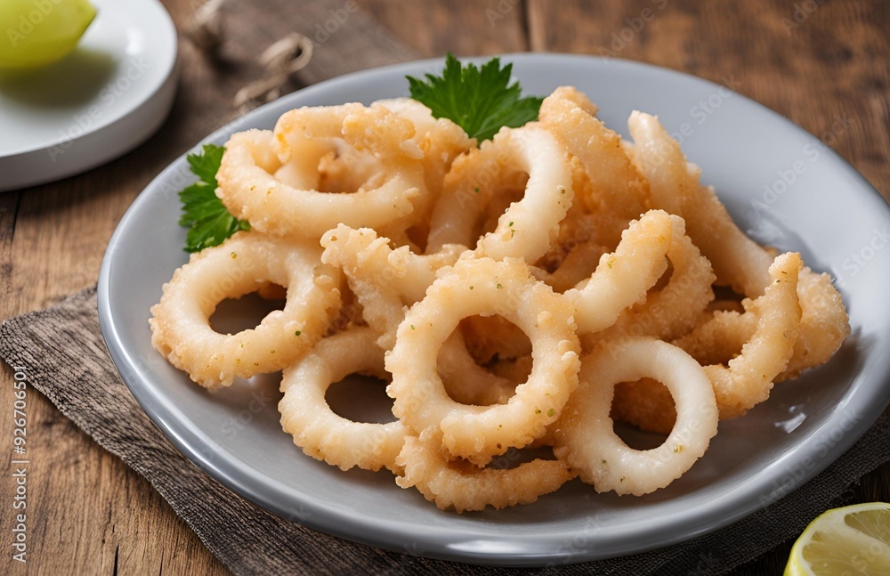 Calamari rings, a fried squid dish feature a crispy golden coating and ...