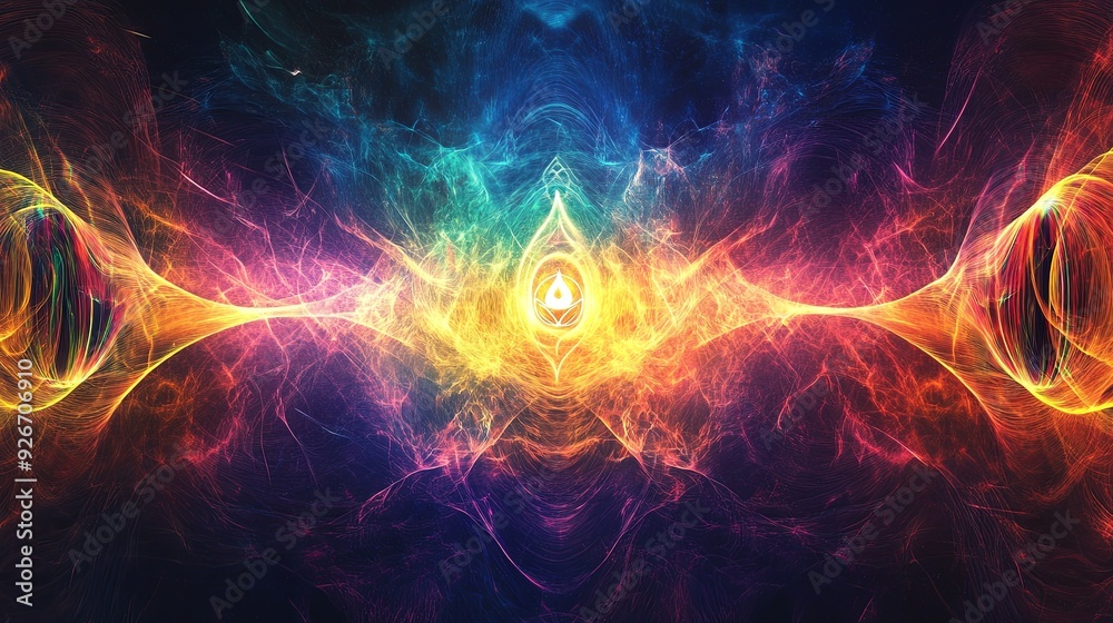 A vibrant depiction of sound waves forming patterns around a central ...