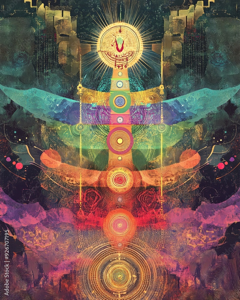 An intricate illustration of sound waves pulsating through the chakras ...
