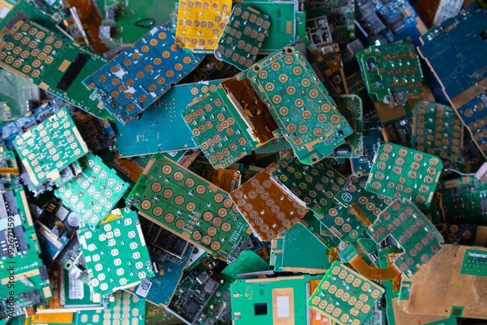 pile of electronic waste on factory floor is circuit board of mobile ...