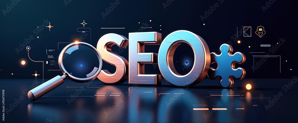 SEO concept in 3D design with digital, magnifying glass and puzzle ...