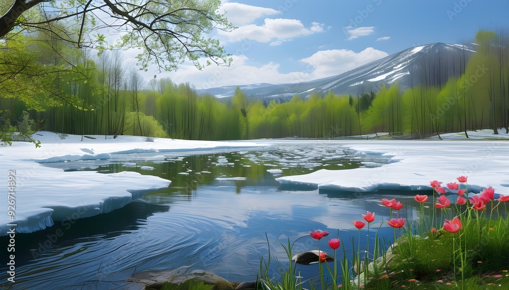 Beautiful scenery where snow and spring cherry blossoms blend, rivers ...