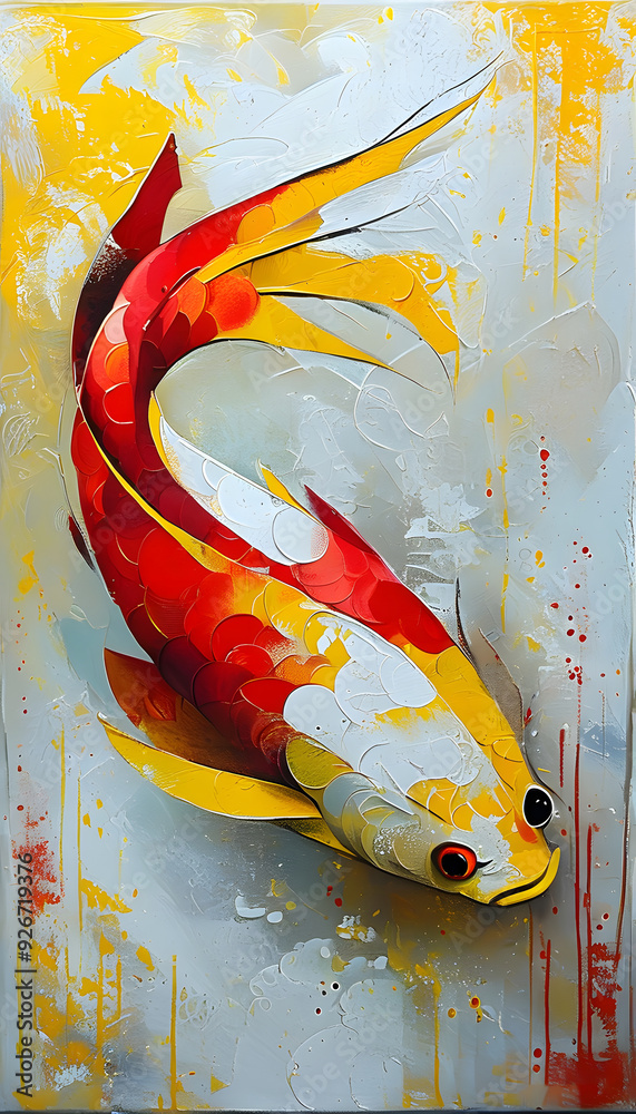 vibrant koi fish swimming in a minimalist pond, with a textured ...