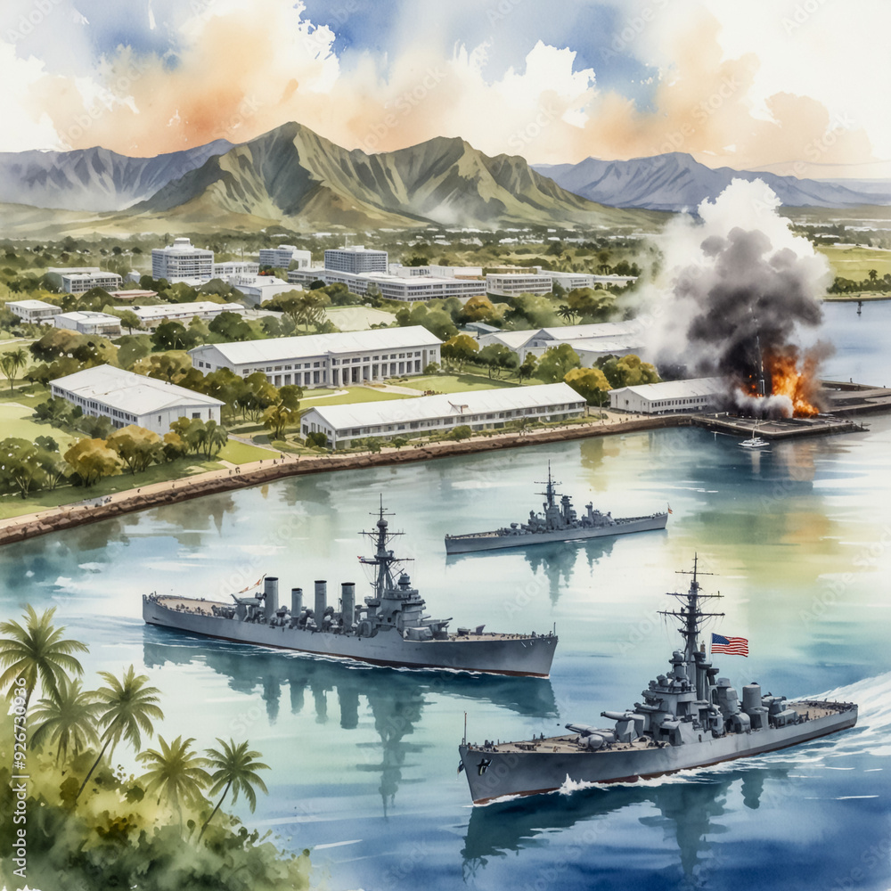 Watercolor illustration of the Pearl Harbor Historic Sites in Oahu ...