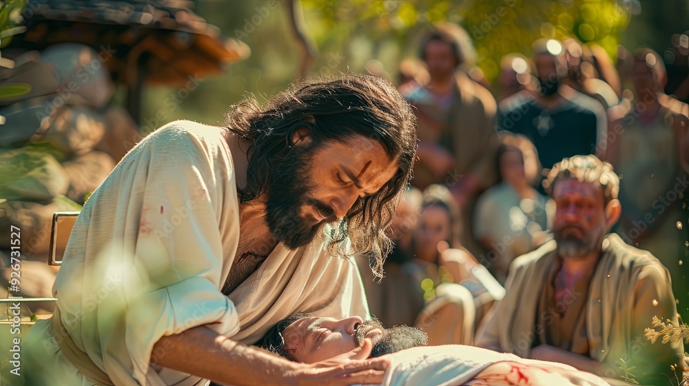 Jesus Christ gently laying hands on a sick person, expressions of hope ...