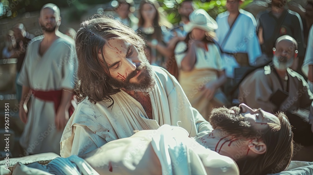 Jesus Christ gently laying hands on a sick person, expressions of hope ...