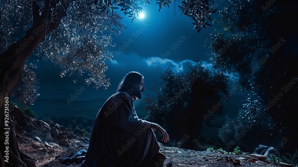 Jesus Christ praying in the Garden of Gethsemane, surrounded by olive ...