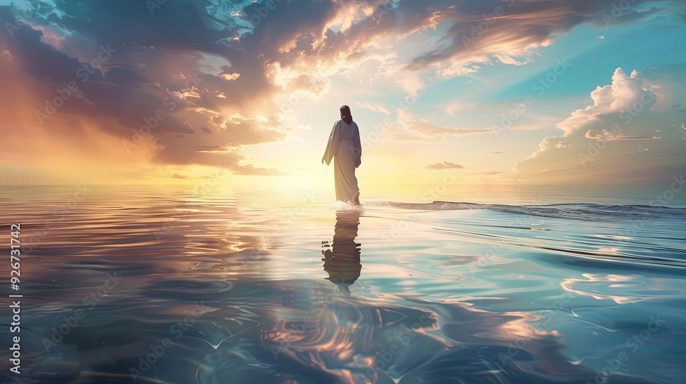 Jesus Christ walking on a calm sea, gentle waves and reflections, holy ...