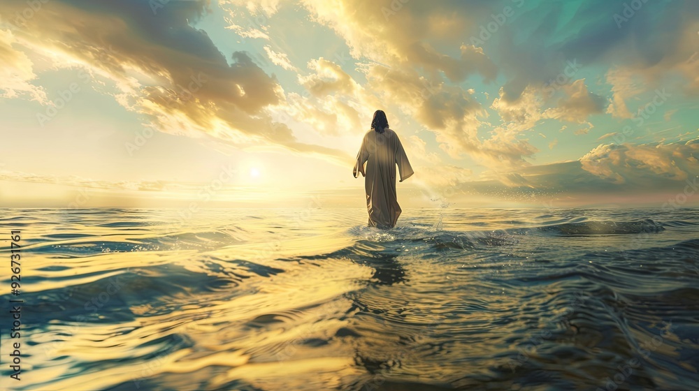 Jesus Christ walking on a calm sea, gentle waves and reflections, holy ...