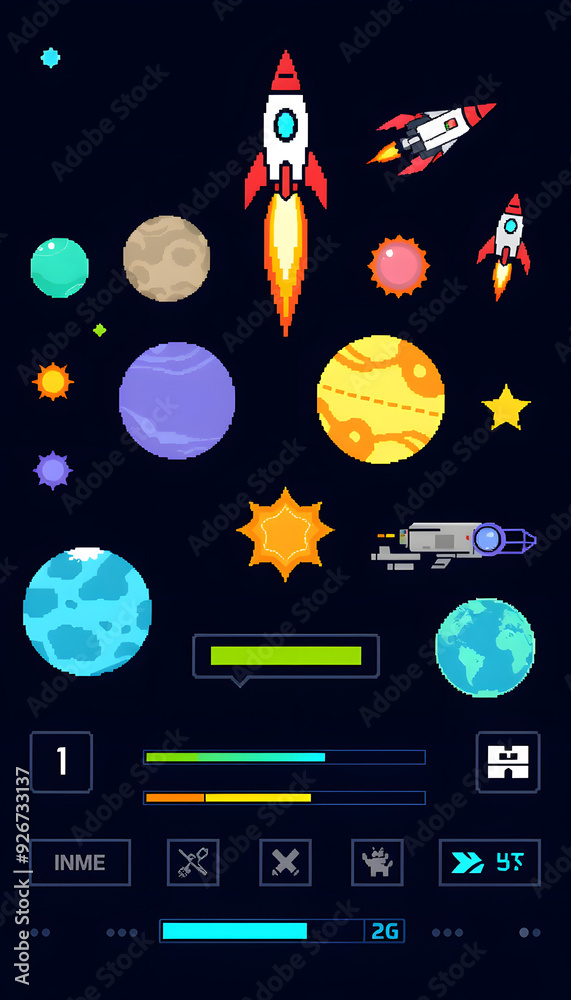 An 8bit pixel art game asset collection, featuring space planets ...