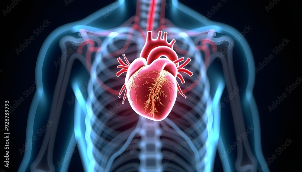 A detailed x-ray image of the human heart and chest cavity, showing the ...
