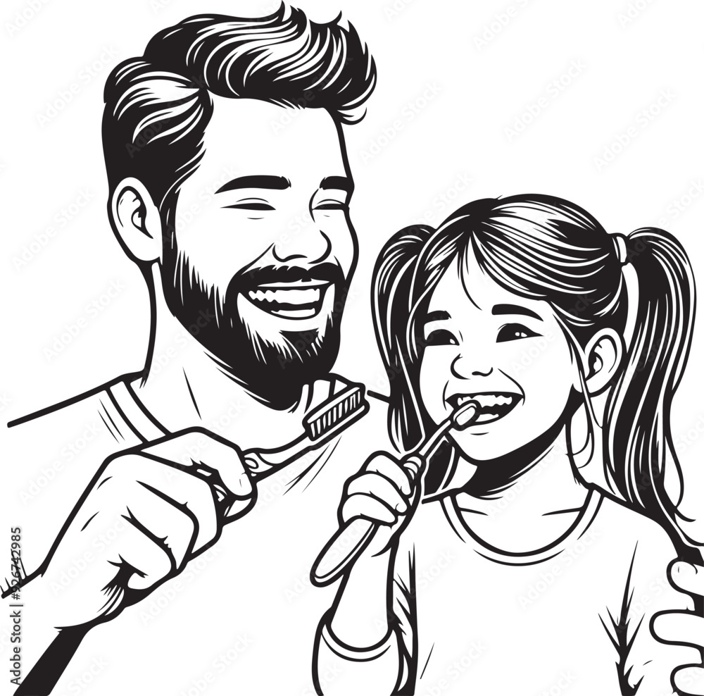 Adobe Illustrator ArtwoFather and Daughter Brushing Teeth: Single Line ...