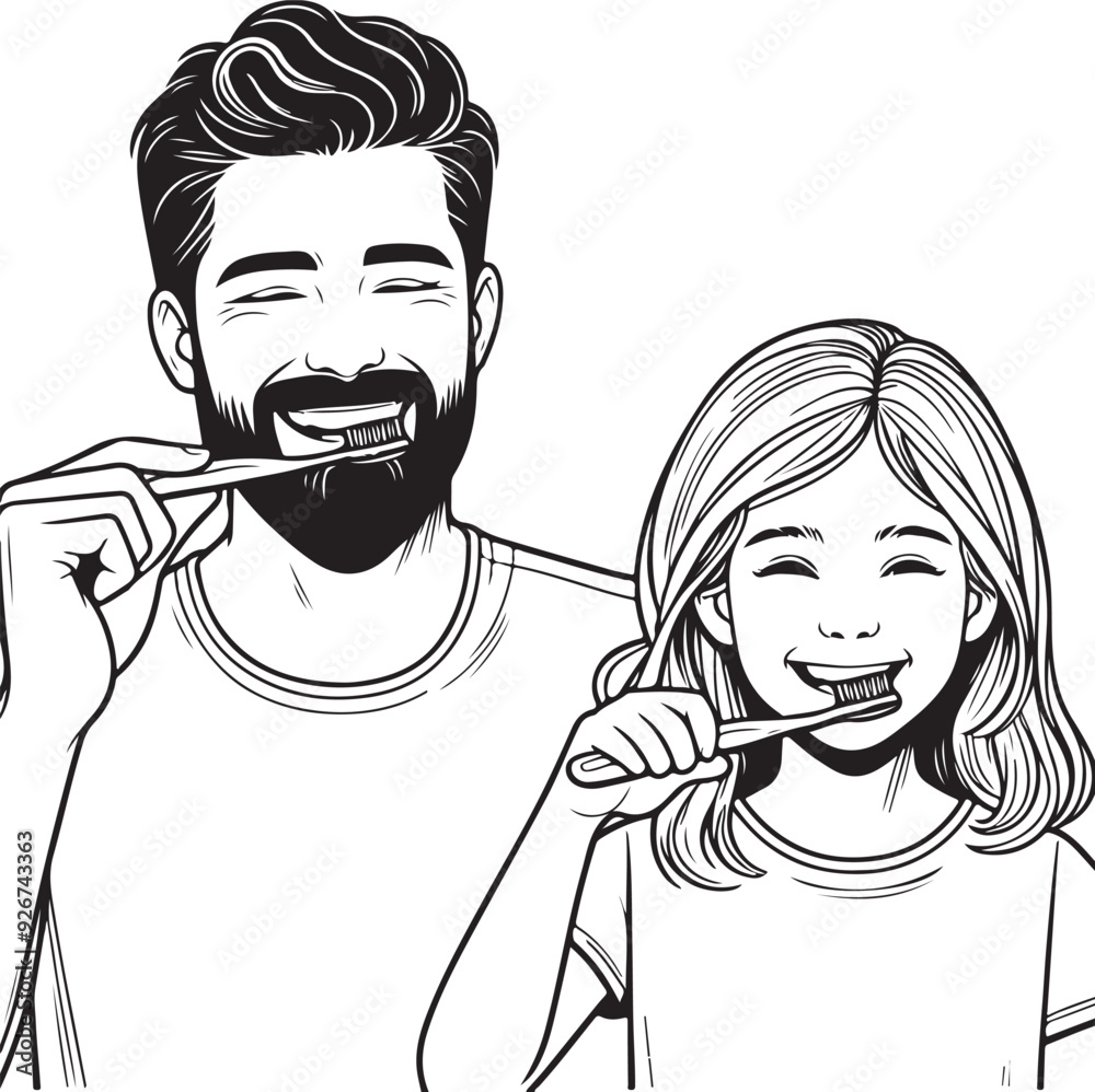 Adobe Illustrator ArtwoFather and Daughter Brushing Teeth: Single Line ...