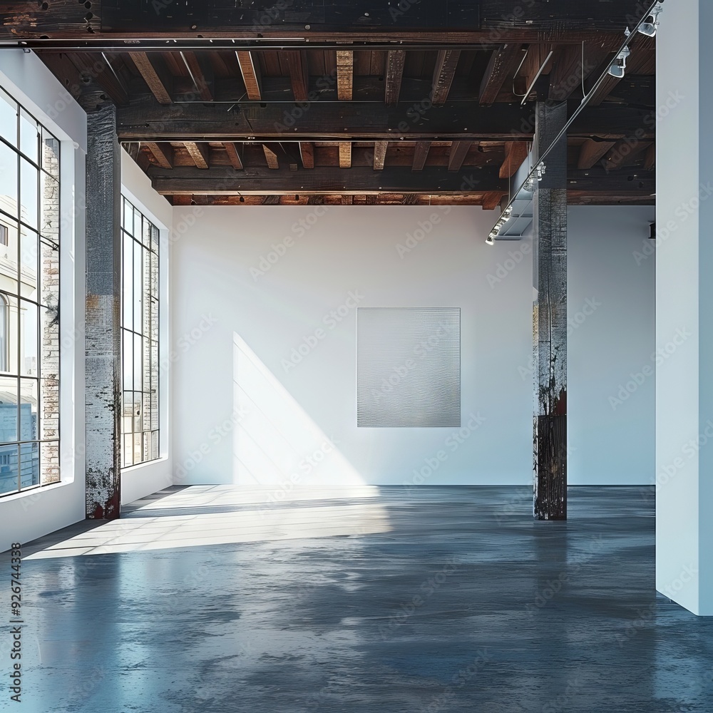 "The empty factory space features raw concrete and exposed brick walls ...