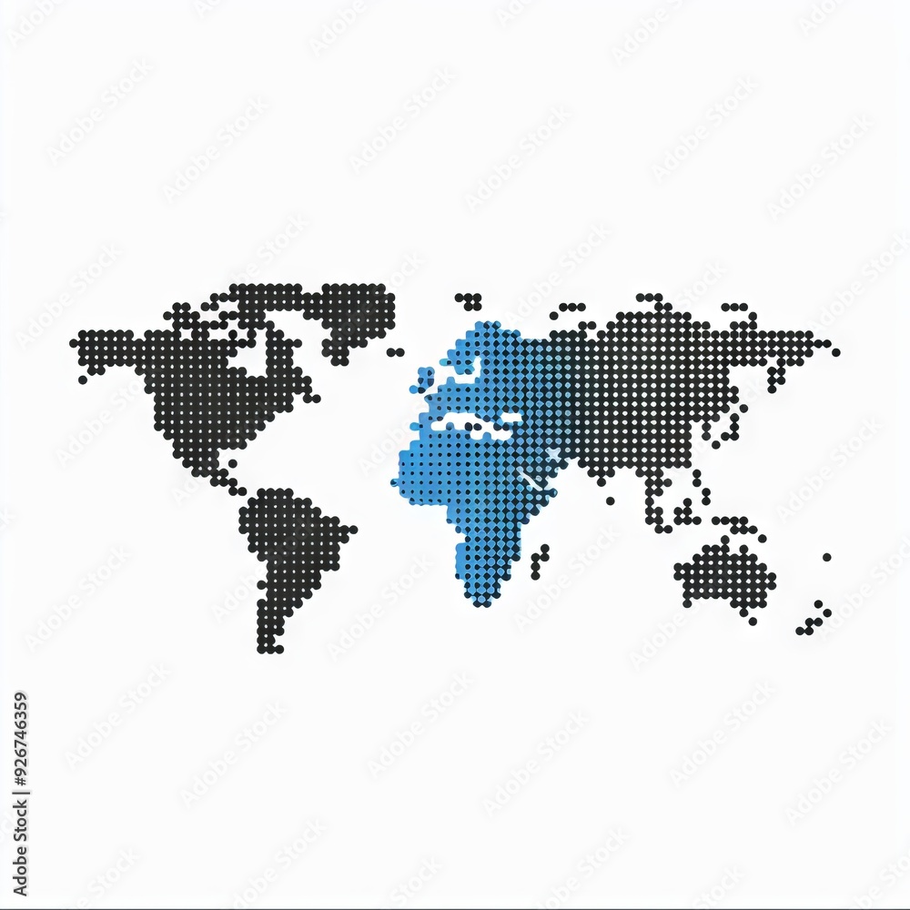 Black halftone dotted blue gradient world map. Vector illustration ...
