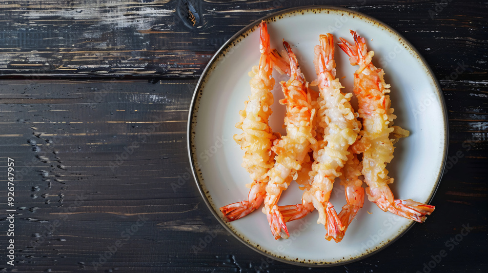 Crispy fried breaded king prawns on a plate, served as a starter in a ...