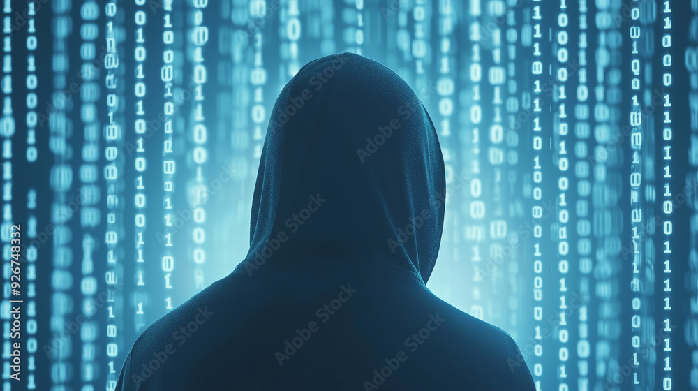 hooded figure faces a backdrop of cascading digital code, symbolizing ...