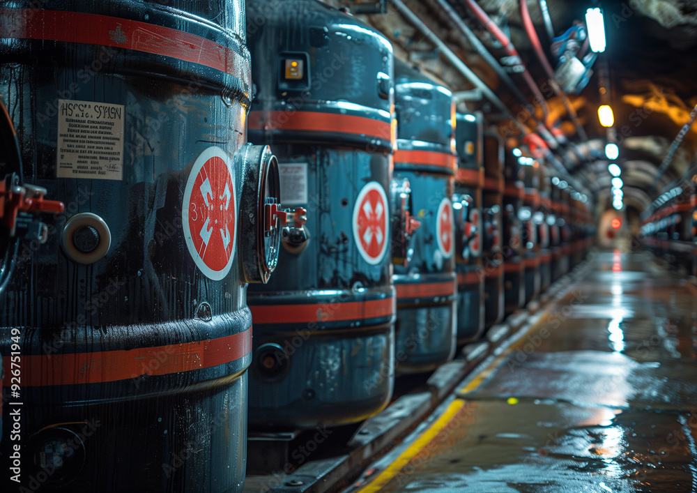 Toxic waste storage. Industrial tunnel with radioactive barrels Stock ...
