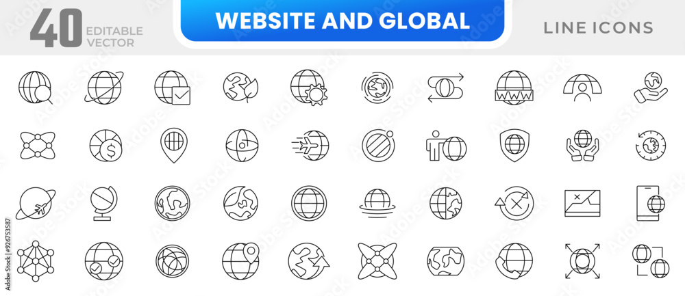 Website and global line icon collection. World Map, connections, global ...