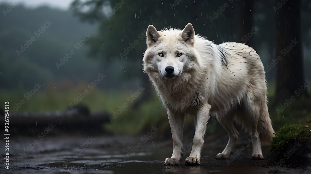 "A striking white wolf stands in the rain, its fur shimmering as it ...