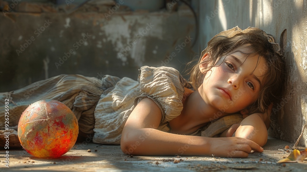 Young girl lying on the ground with a worn-out dress and a weathered ...
