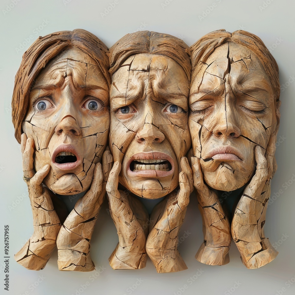 Three wooden sculptures of distressed female faces showing a range of ...