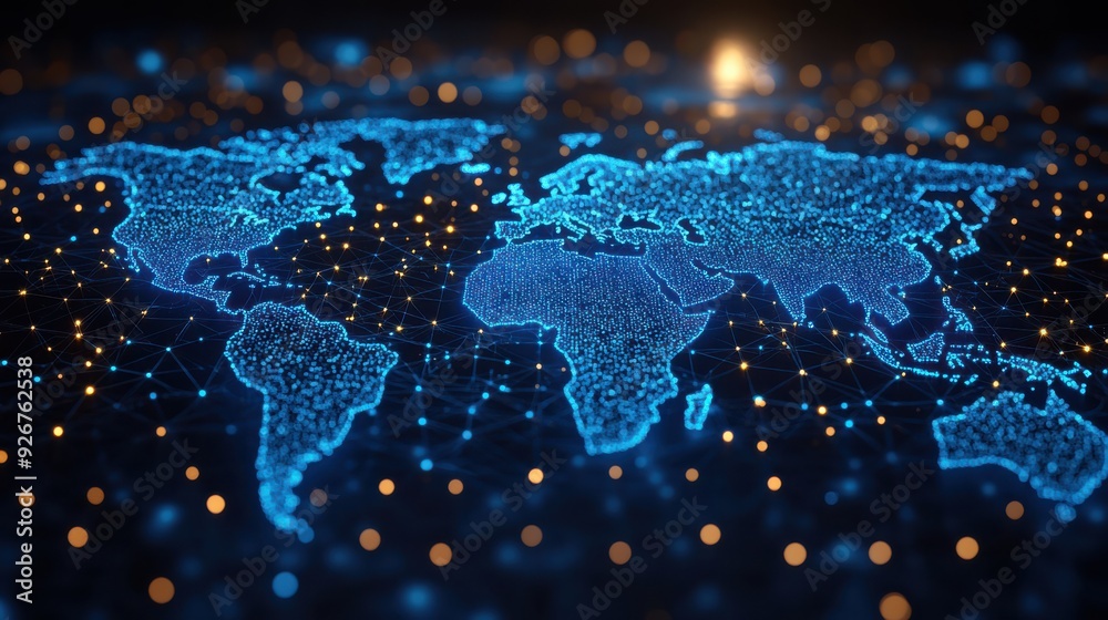 Blue digital world map glowing with network of connected dots ...