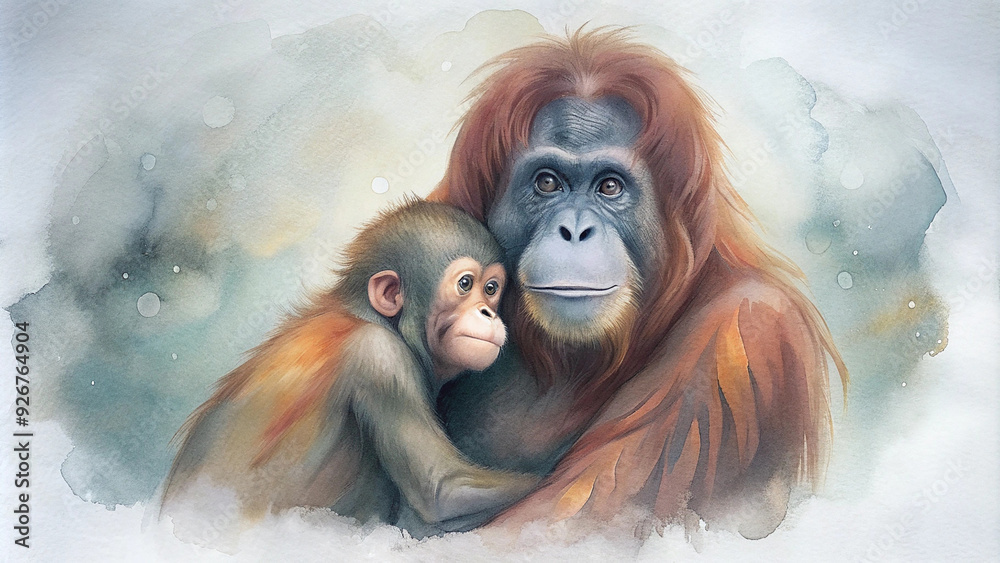 Tender moment between an orangutan mother and her baby in a lush jungle ...