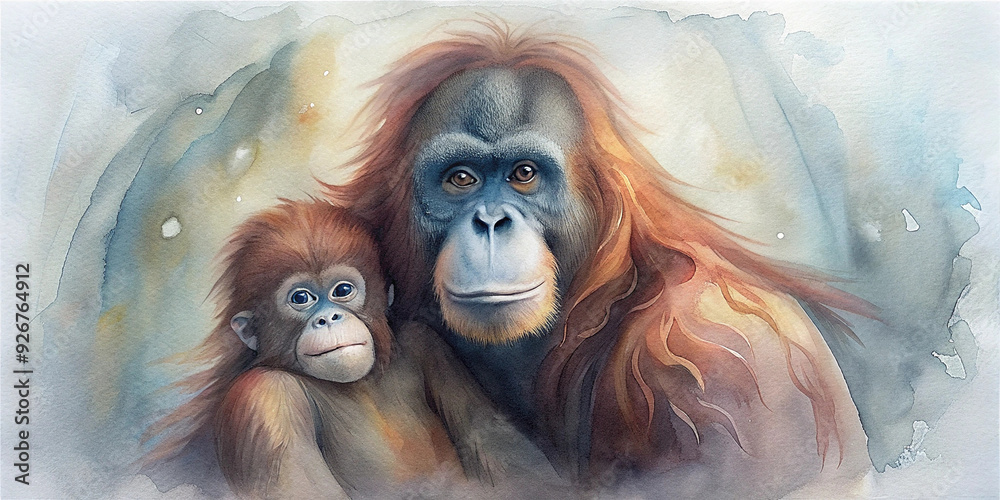 Tender moment between an orangutan mother and her baby in a lush jungle ...