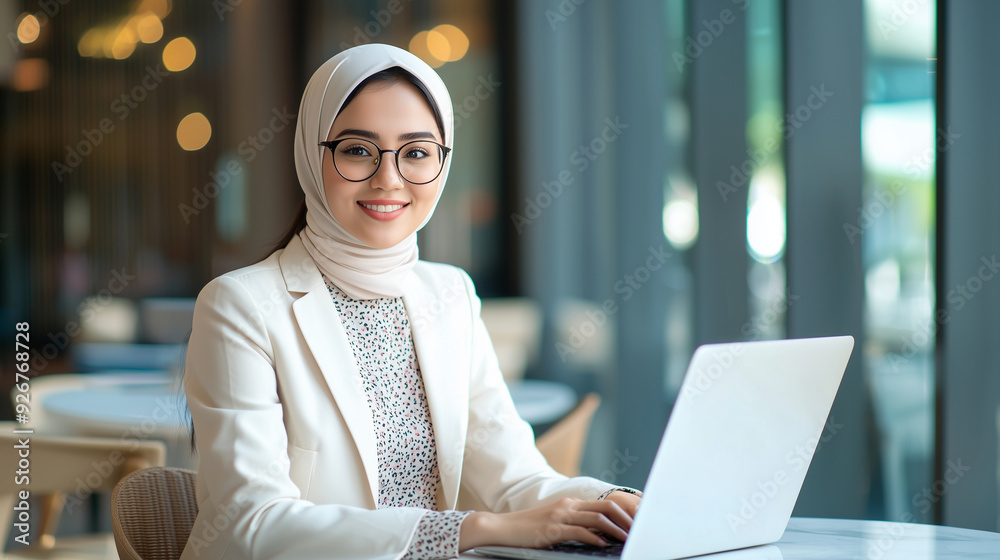 Hijabi Woman In A White Suit And Glasses Is Seated At A Table In An