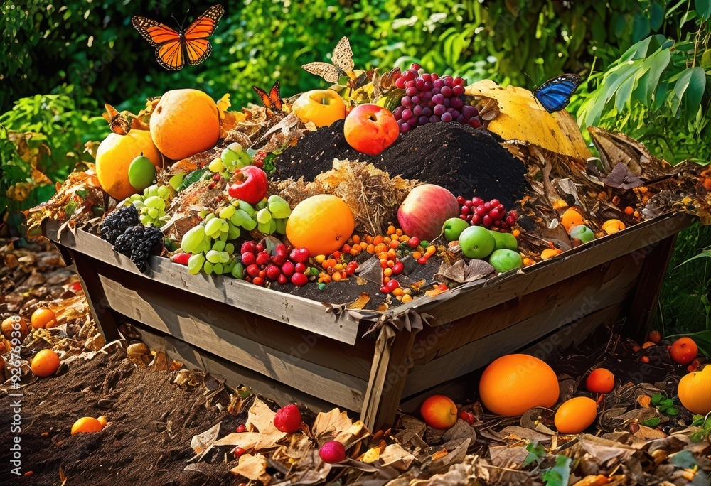 vibrant compost heap overflowing colorful organic materials including ...