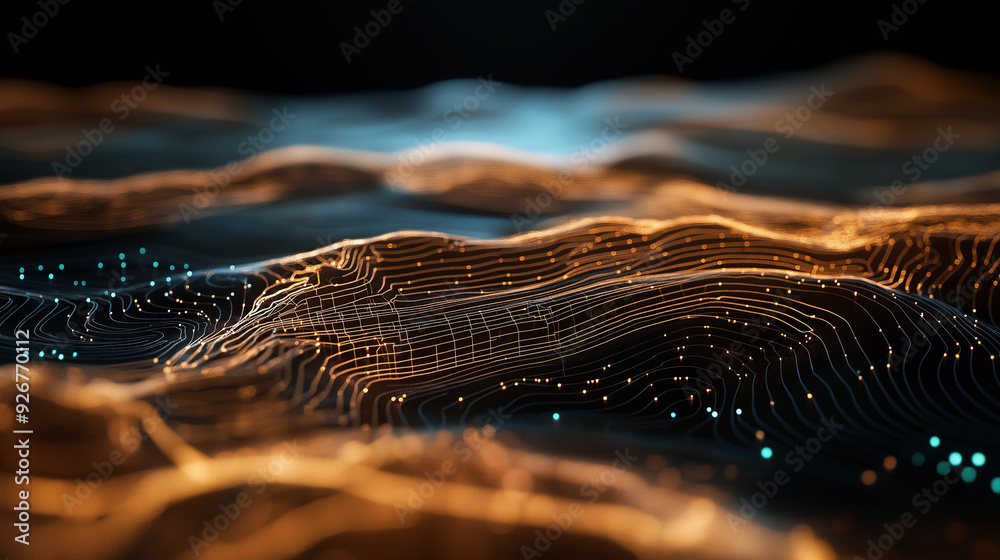 A futuristic 3D map terrain, showing detailed topographic features with ...
