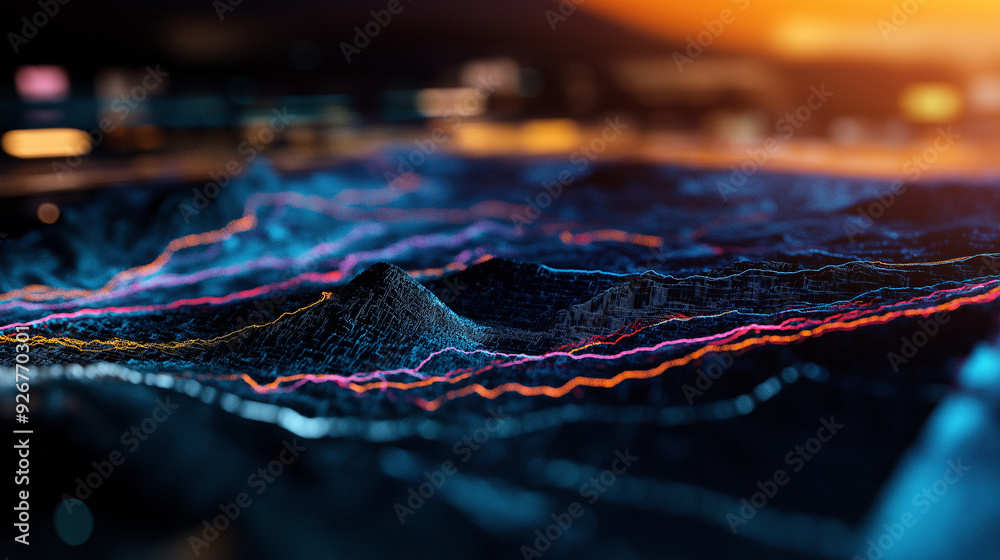 A digital 3D terrain map with layered GIS geodata, emphasizing ...