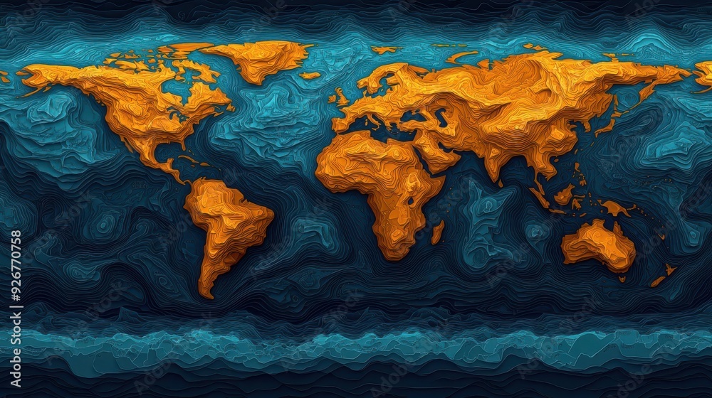 Topographic world map displaying varied elevations and landforms Stock ...