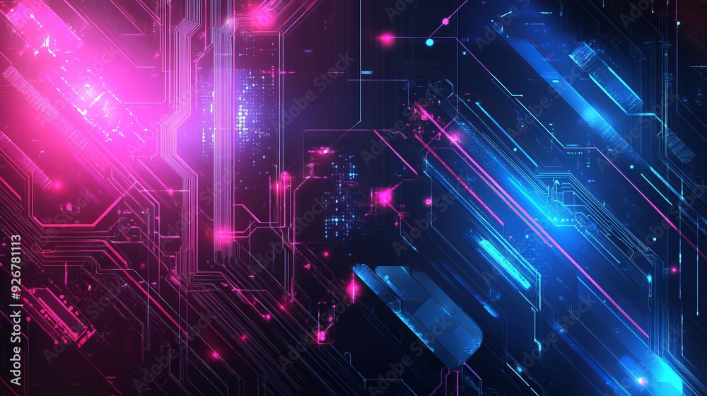 Digital technology electronic chip on a pink and blue background ...