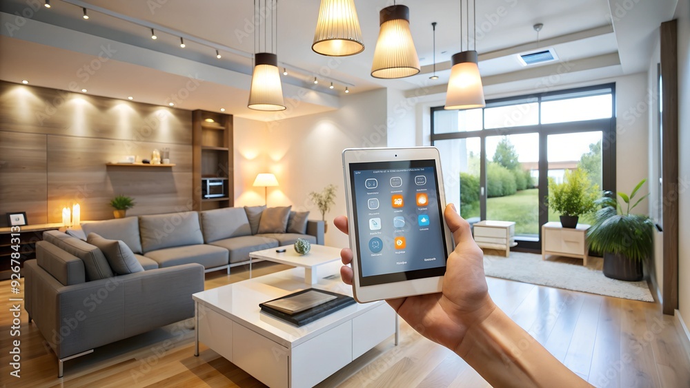 hand holding a tablet with a smart home control interface displayed on ...