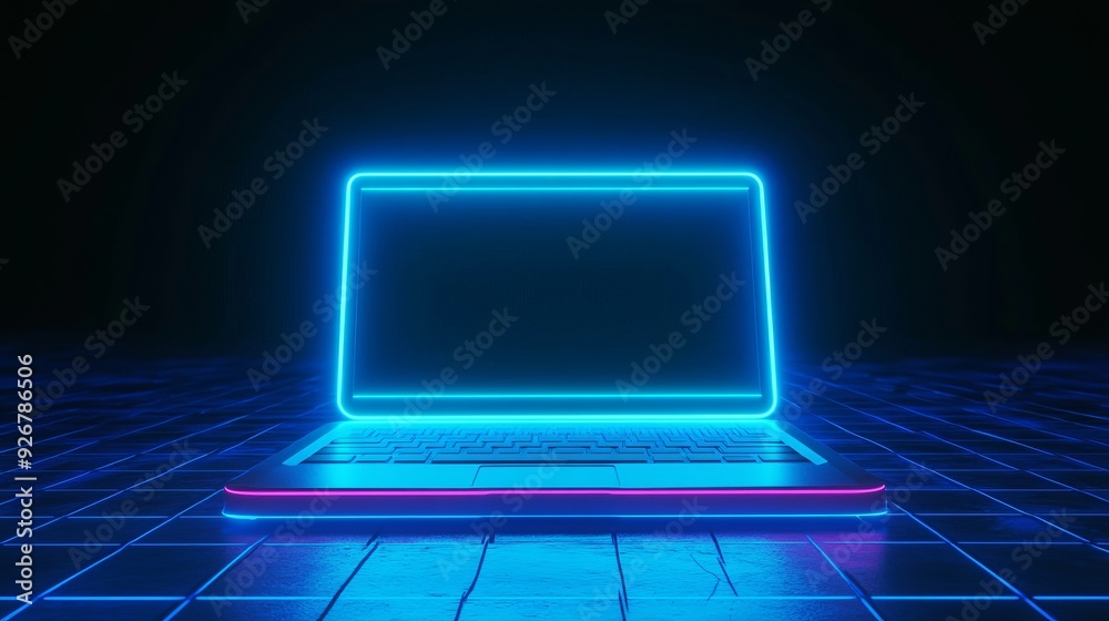 Portable neon computer with a blank screen on a desk in a dark room ...