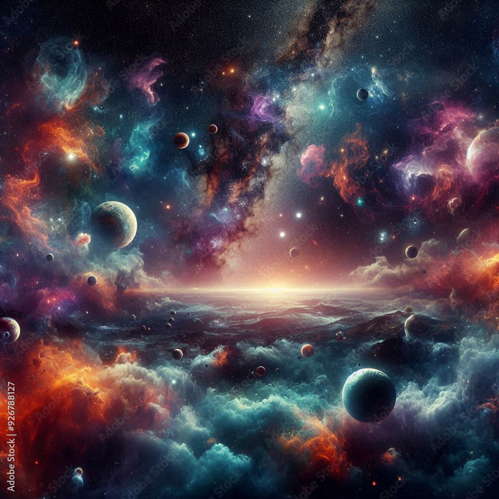 Seamless space texture background. Stars in the night sky with purple pink and blue nebula. A ...