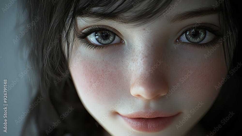 Her face is calm and composed, with a gentle, elusive smile. Her eyes ...