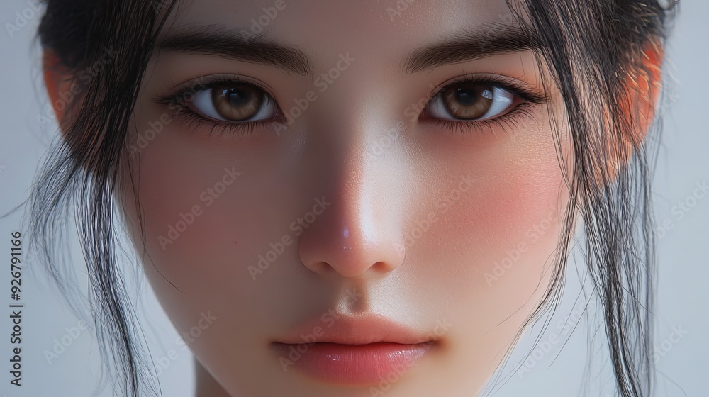 Her face is calm and composed, with a gentle, elusive smile. Her eyes ...