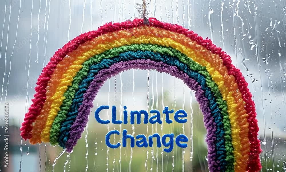 A rainbow with the words climate change written on it. The rainbow is ...