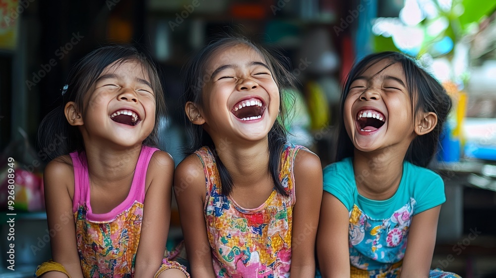 Group of Asian children laughing and smiling, their faces filled with ...