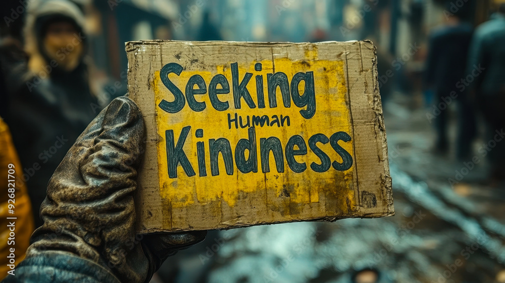 Beggar Holding Seeking Human Kindness Cardboard Sign in Urban Setting ...
